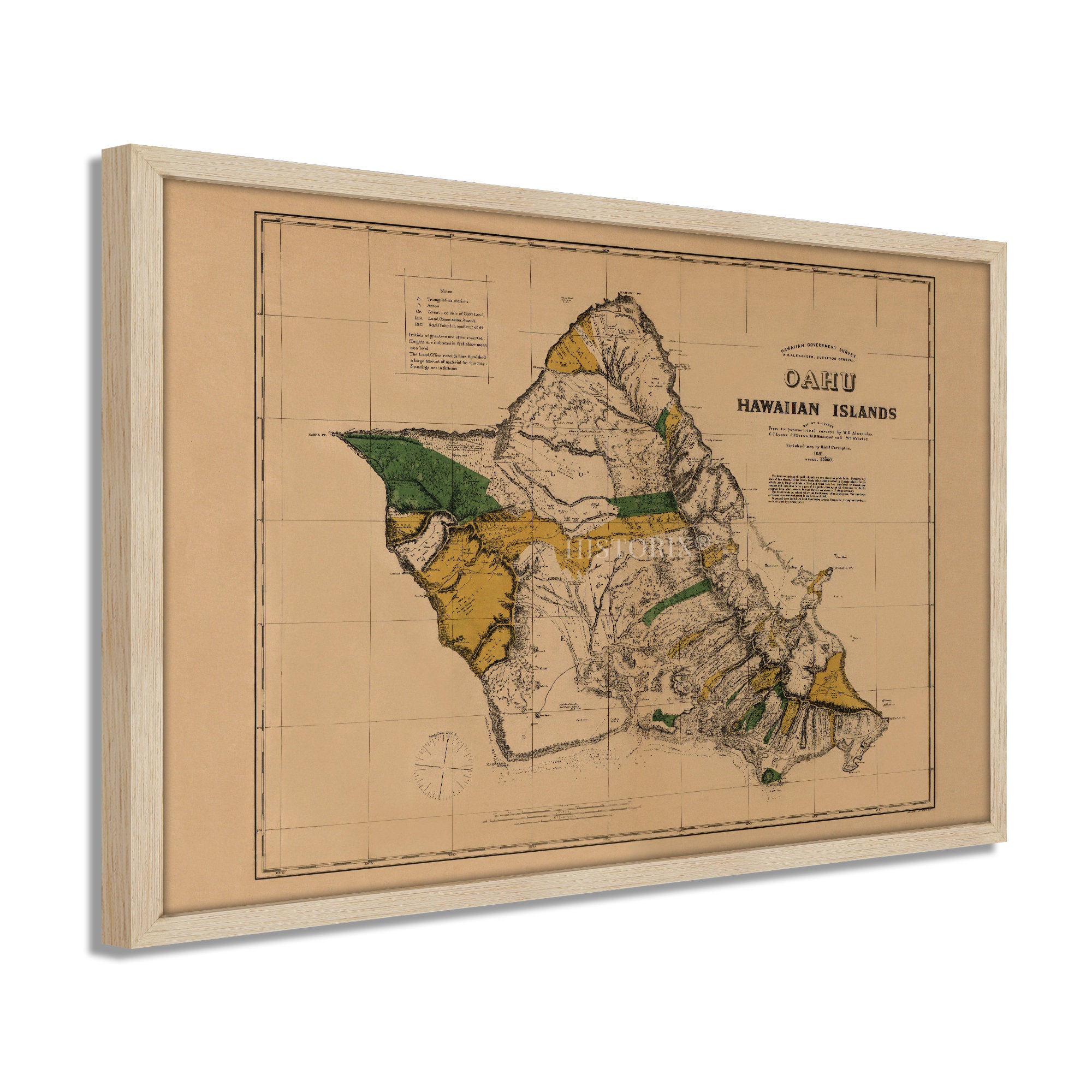 1881 Oahu Hawaiian Islands Map - Framed Vintage Oahu Map - Restored Map ...