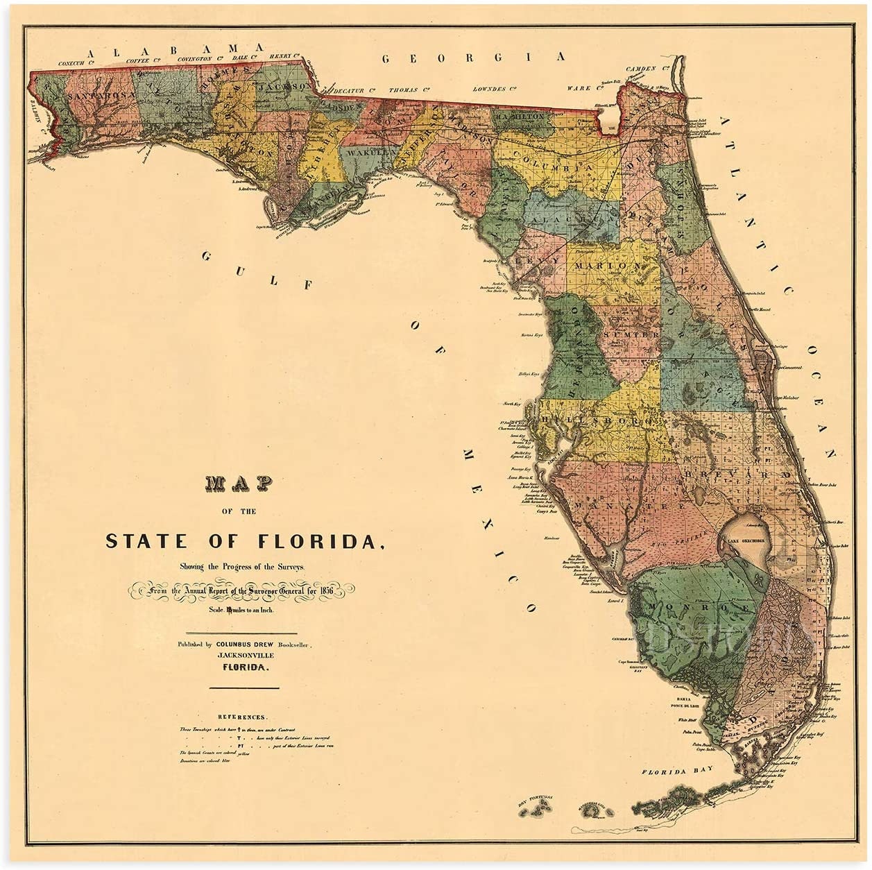 1856 Florida State Wall Map Vintage Map Wall Art Vintage Florida Map ...