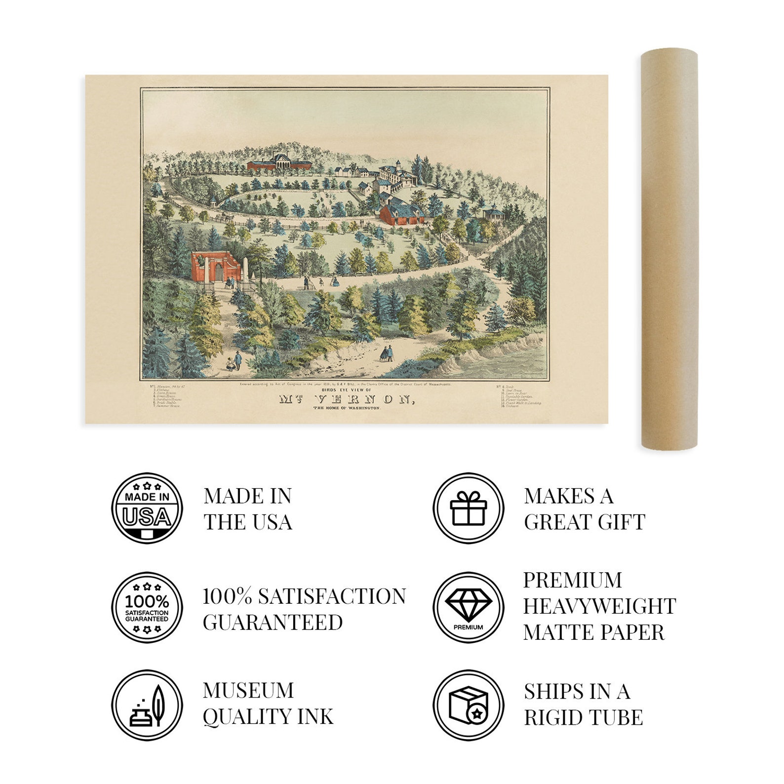 1859 Bird's Eye View of Mt Vernon the Home of George Washington Map Old ...