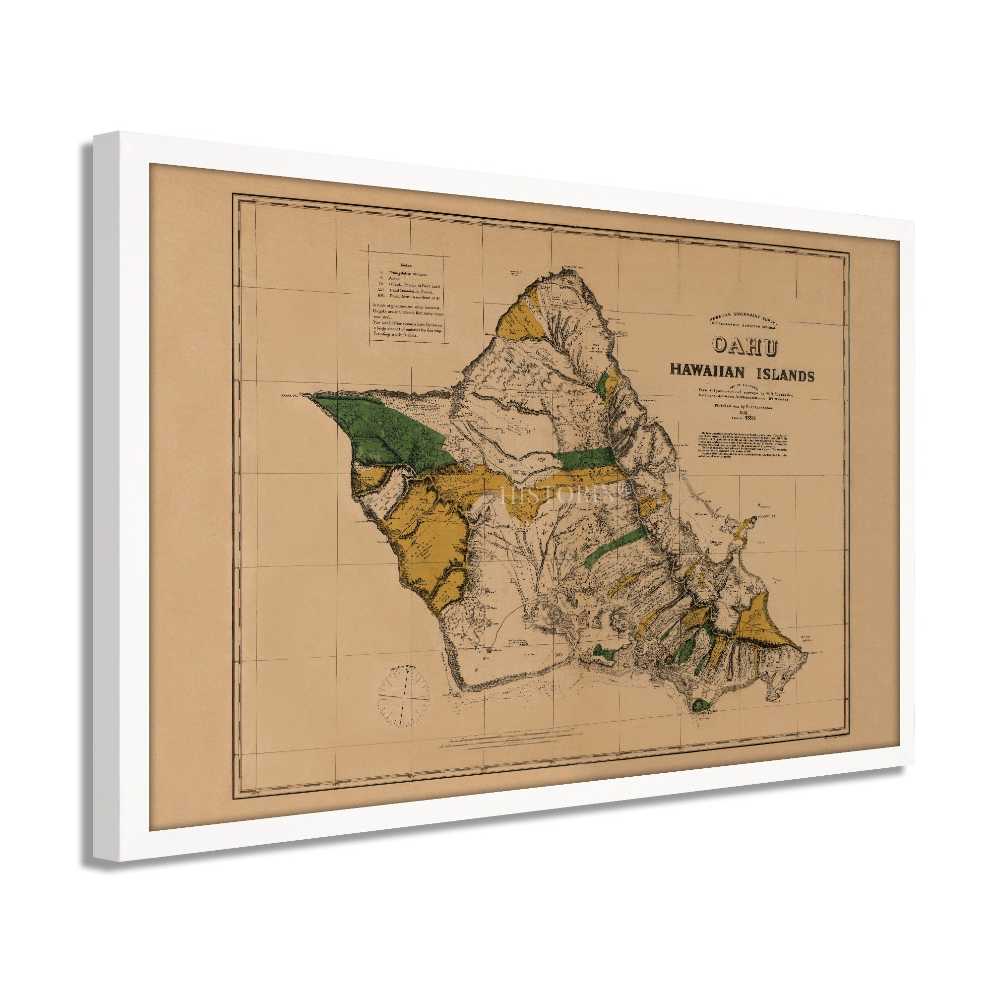 1881 Oahu Hawaiian Islands Map - Framed Vintage Oahu Map - Restored Map ...