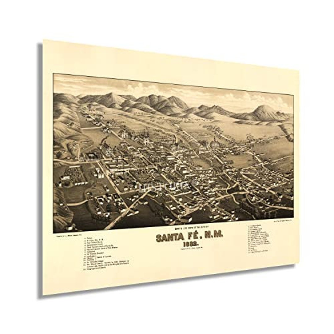 1882 Santa Fe New Mexico Map - Map of Santa Fe Wall Art - Santa Fe City ...