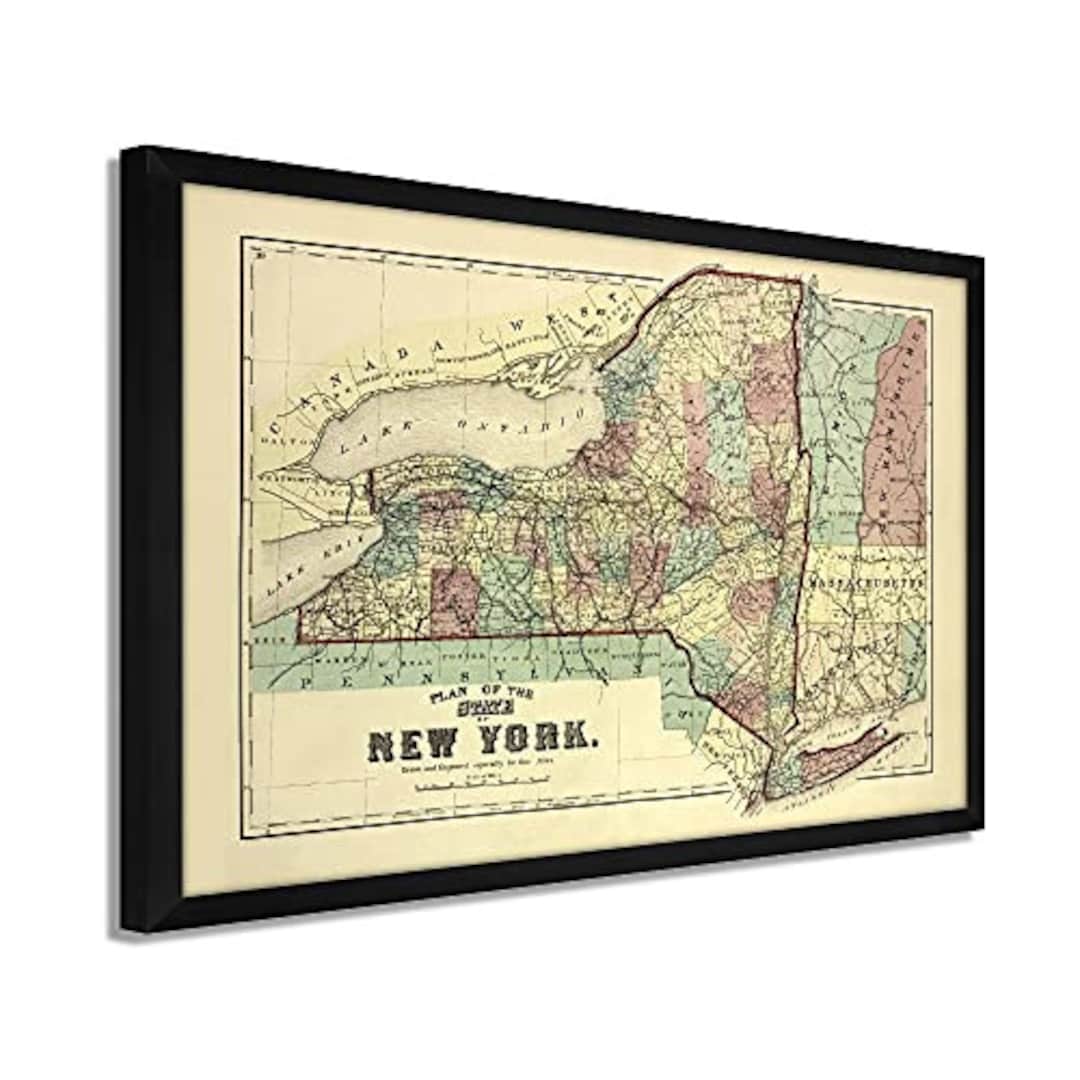 1875 New York Map - Framed Vintage Map of New York - Historic New York ...