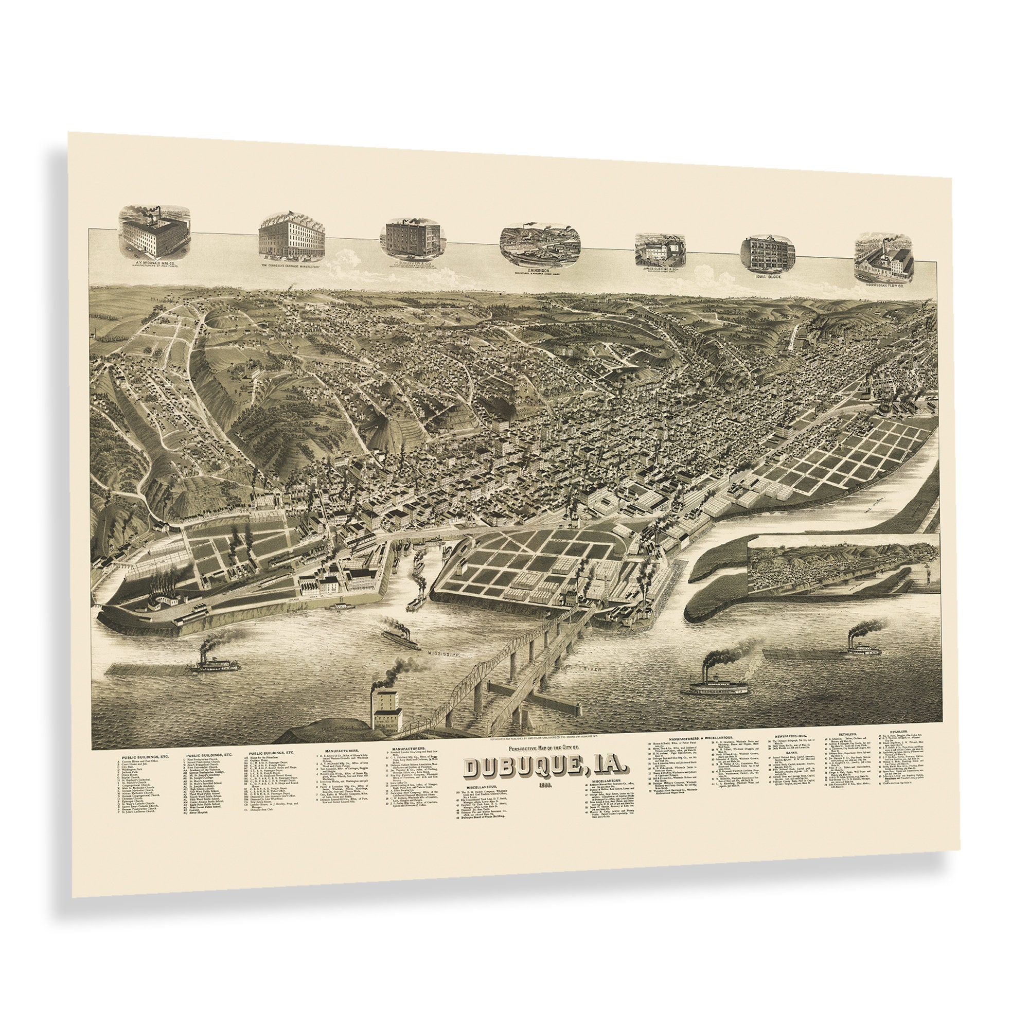 1889 Dubuque Iowa Map Poster - Vintage Perspective Map of Dubuque City ...
