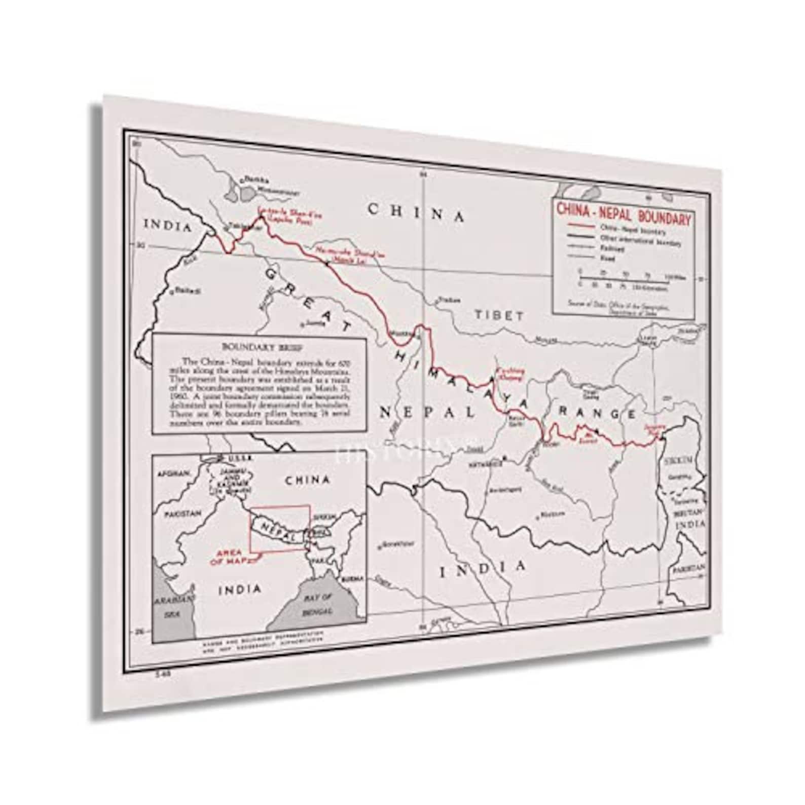 1968 China Nepal Boundary Map Vintage Map of China & Nepal Wall Art ...