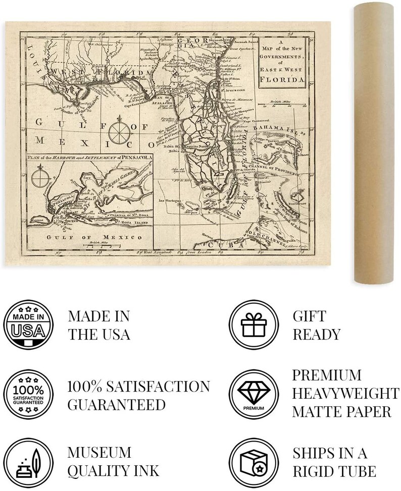 1763 East & West Florida Map - Vintage Map Wall Art - A Map of the New ...