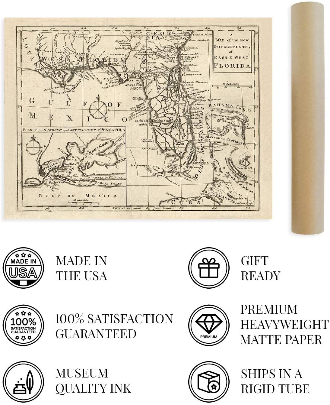 1763 East & West Florida Map - Vintage Map Wall Art - A Map of the New ...