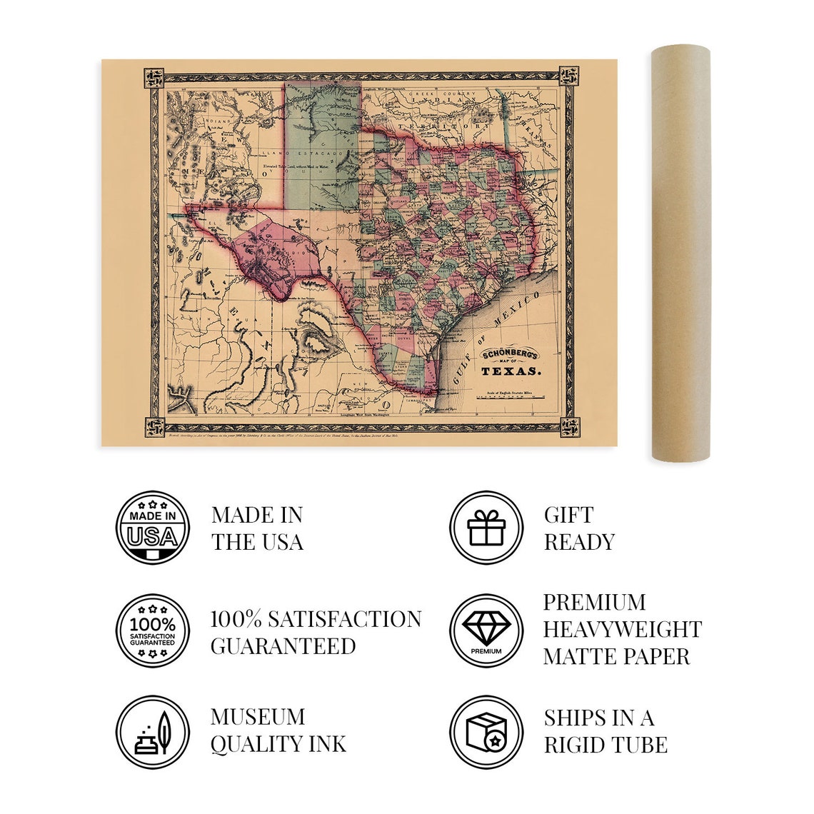 1866 Texas Map Poster Vintage Texas Map Texas Map Wall Art Old Texas ...