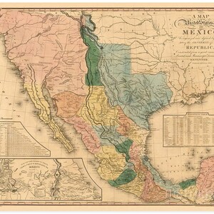 1846 United States of Mexico Map Poster - Vintage Map of Mexico Wall ...