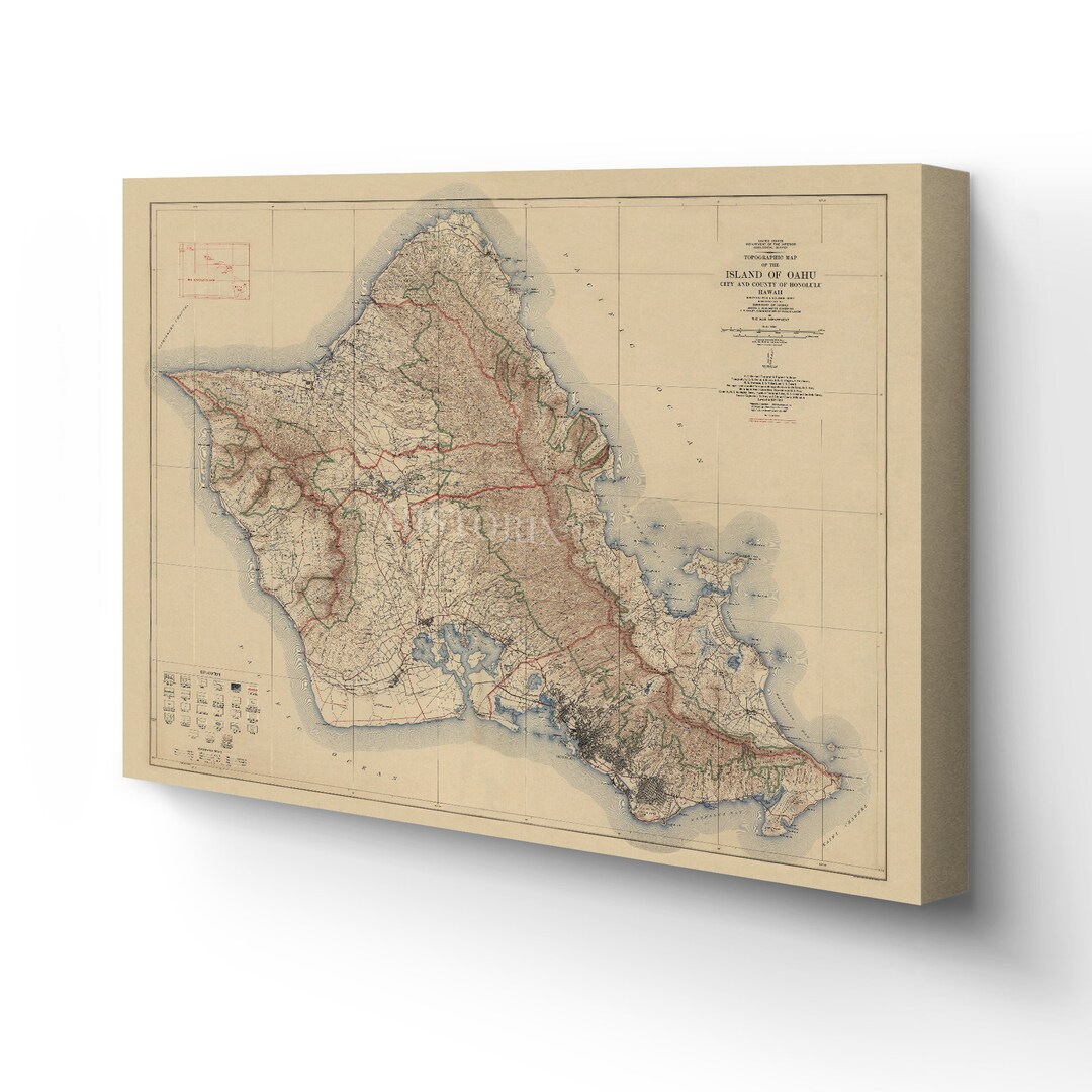 1938 Oahu Hawaii Map - Canvas Wrap Vintage Oahu Map - Historic ...