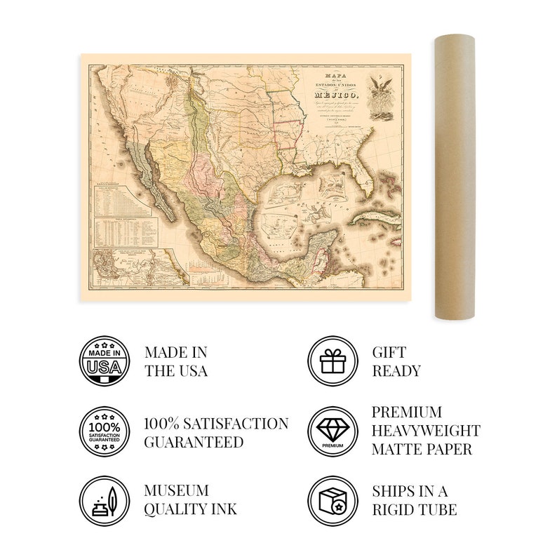 1847 Mexico Map Poster Vintage Map of Mexico States Old - Etsy