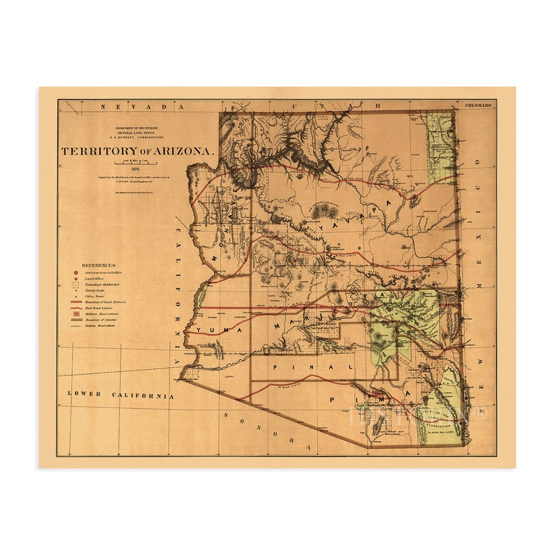 1876 Arizona Territory Map Vintage Arizona Map Old Arizona - Etsy
