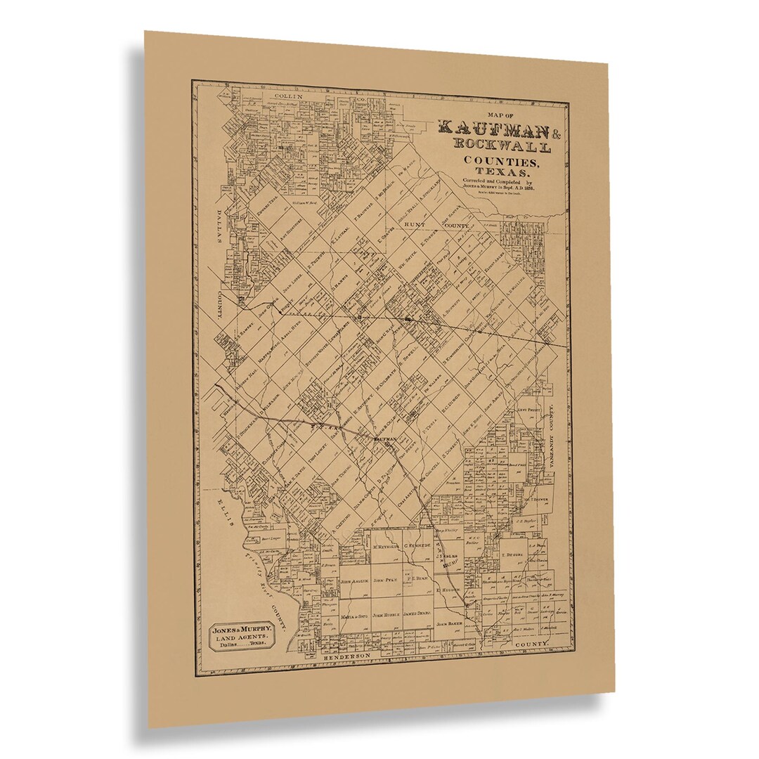 1878 Kaufman & Rockwall Texas Map Poster - Old Map of Kaufman and ...