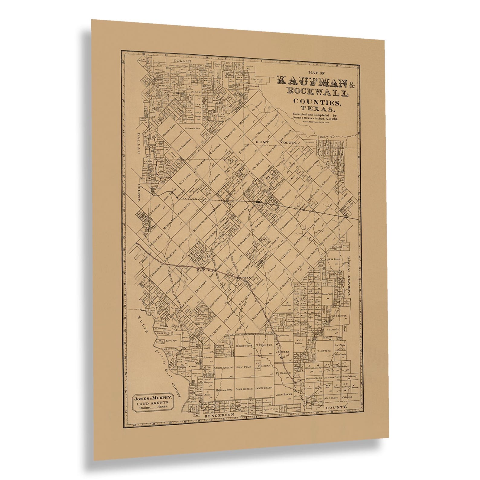 1878 Kaufman & Rockwall Texas Map Poster - Old Map of Kaufman and ...