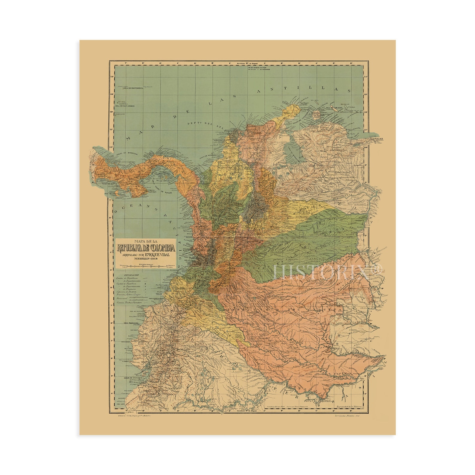 1911 Map of Colombia South America Mapa De Colombia Poster Old Republic ...
