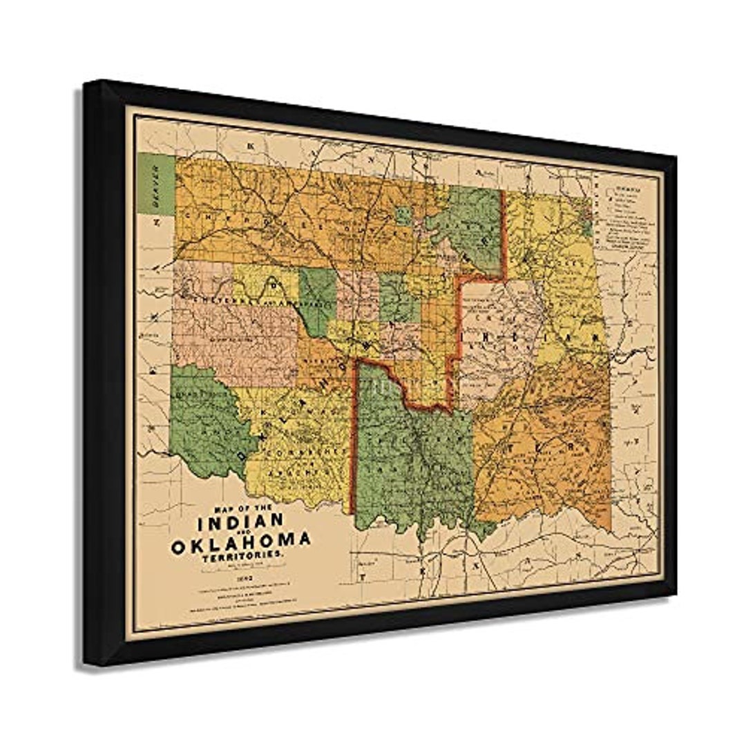 1892 Indian and Oklahoma Territories Map - Framed Vintage Oklahoma Map ...