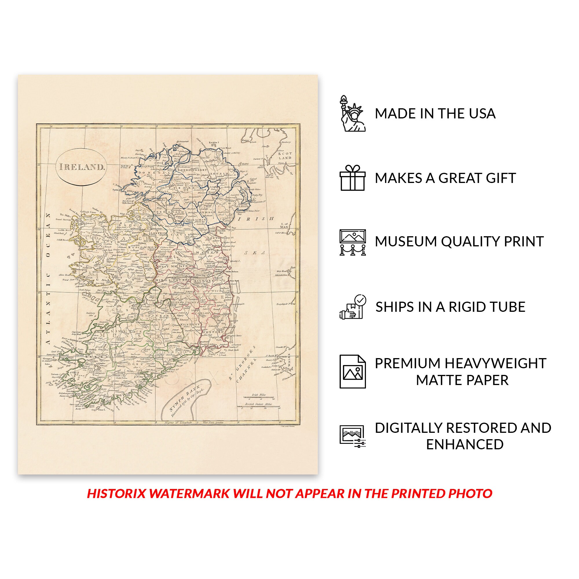 1799 Ireland Map Poster - Vintage Map of Ireland Wall Art - Historic ...