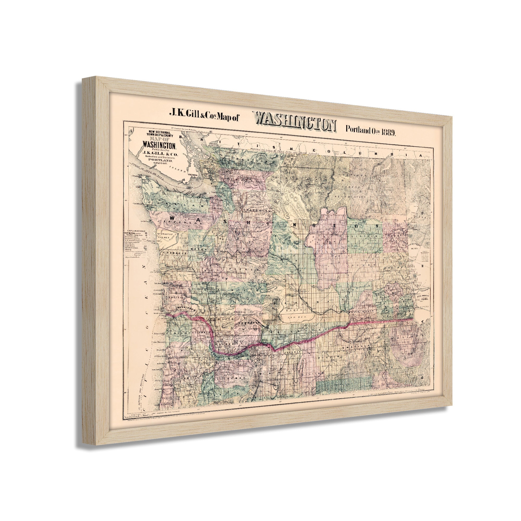 1889 Washington Map Framed Vintage Washington Restored - Etsy