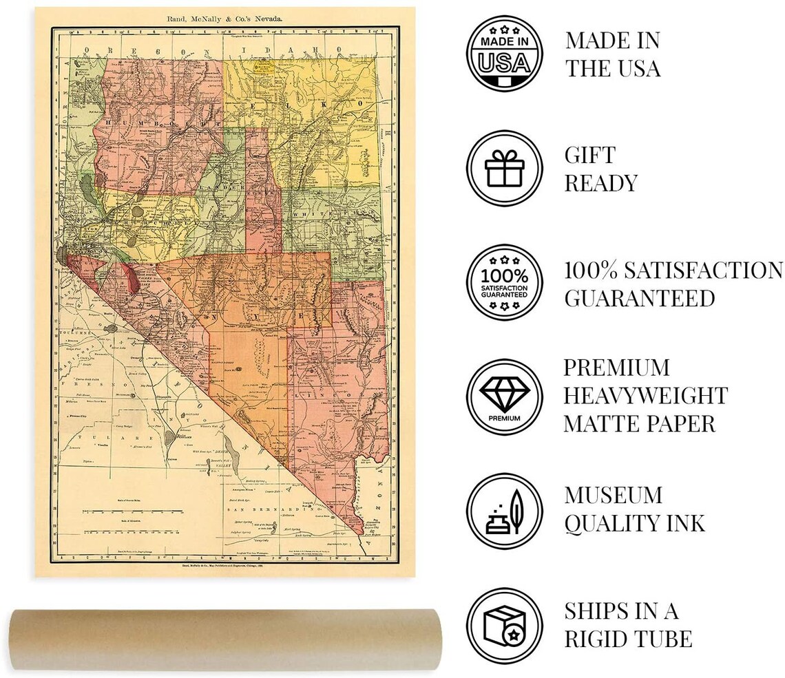 1893 Nevada State Map - Vintage Map of Nevada Wall Art - Vintage Nevada ...