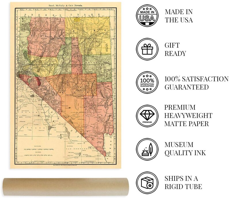 1893 Nevada State Map - Vintage Map of Nevada Wall Art - Vintage Nevada ...