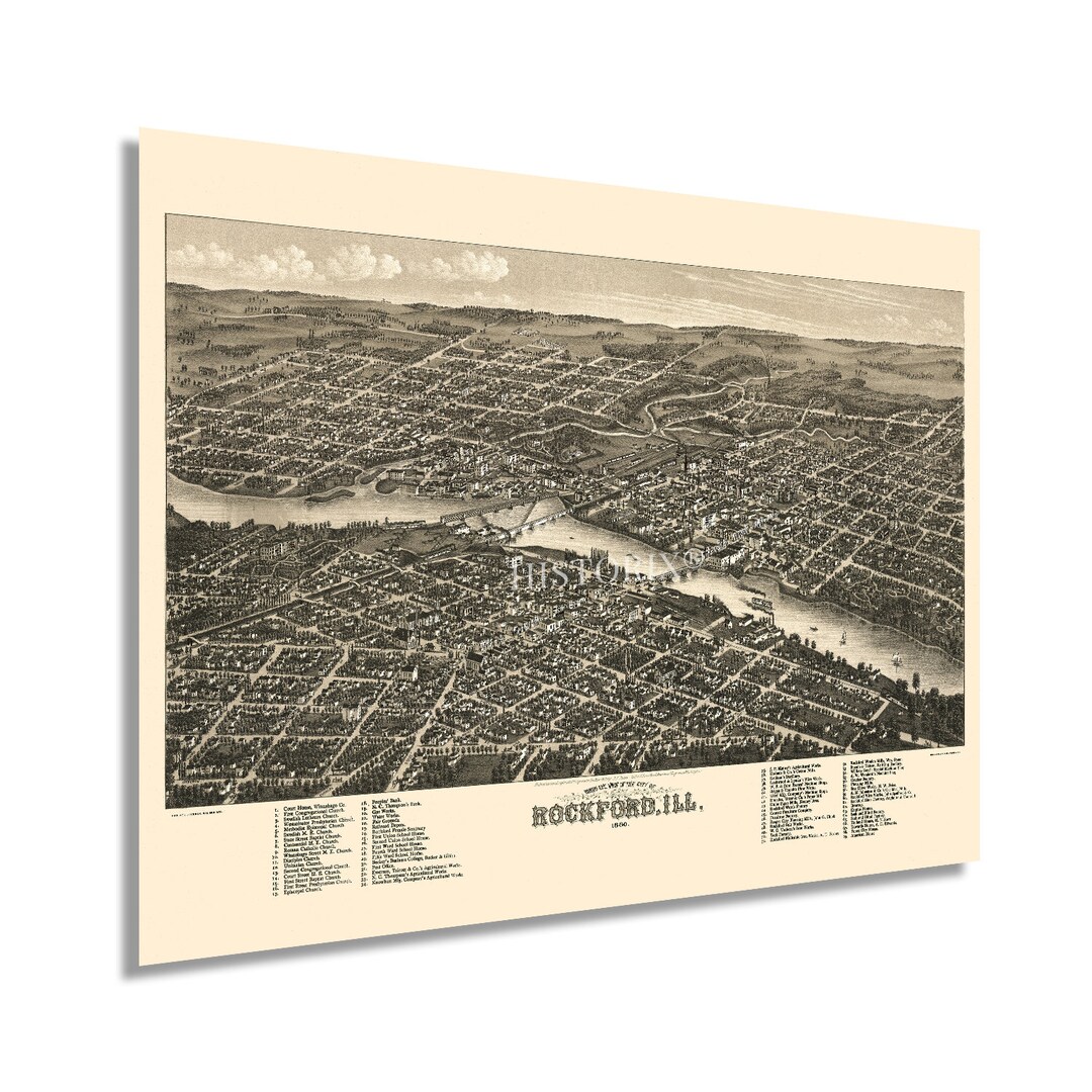 1880 Rockford Illinois Map Poster - Map of Rockford Wall Art - Rockford ...