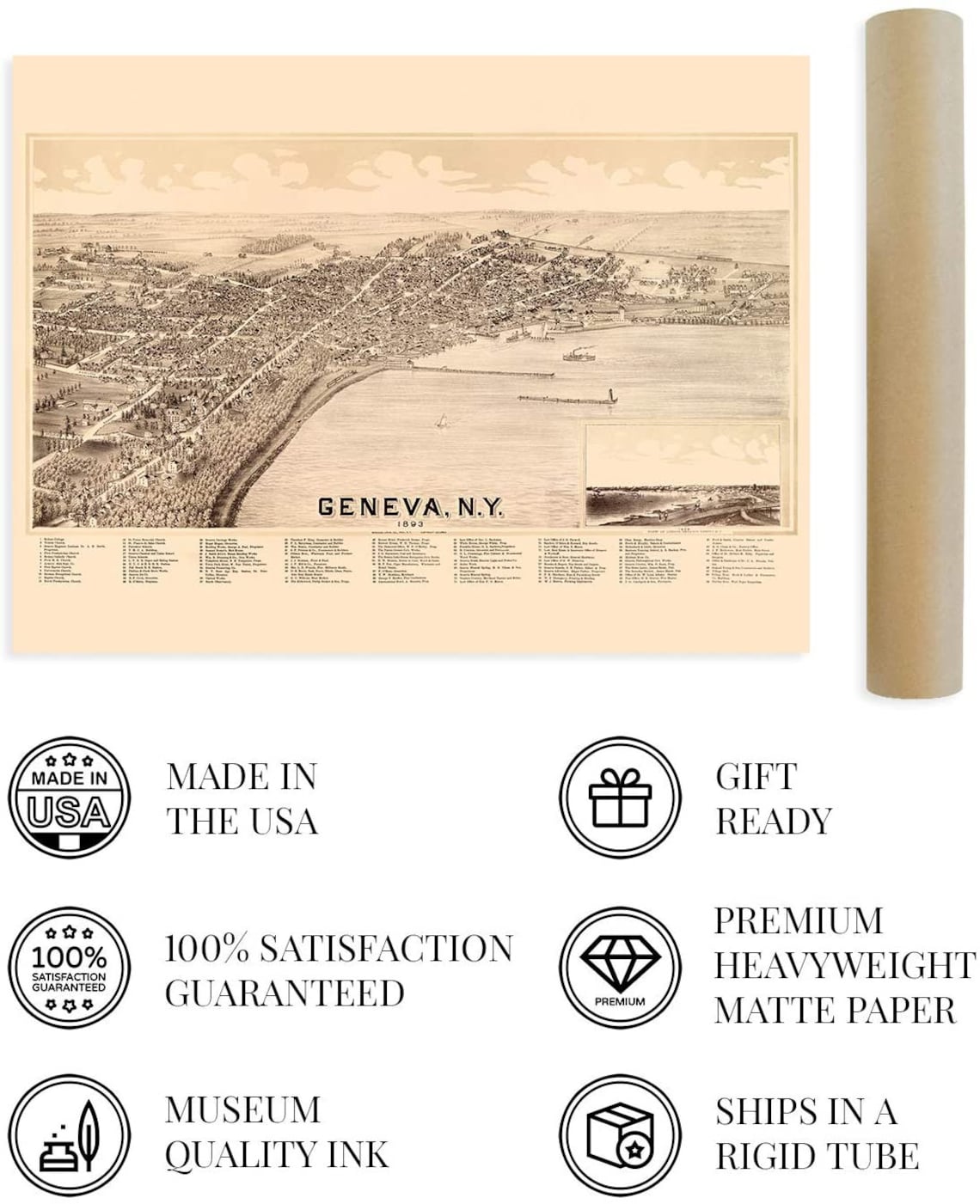 1893 Geneva New York Poster Map Vintage Map of Geneva Wall Art Old ...