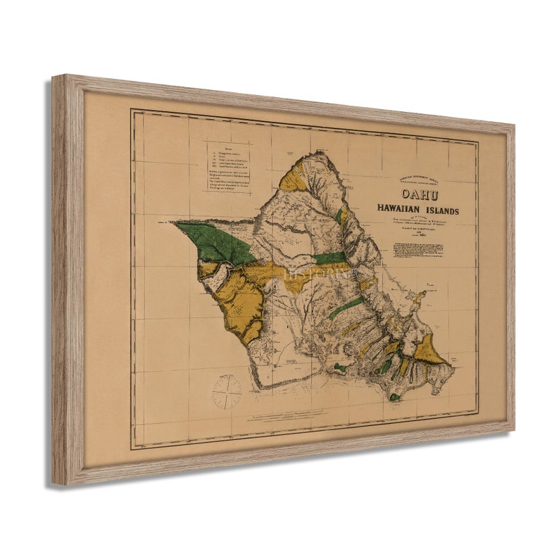 1881 Oahu Hawaiian Islands Map - Framed Vintage Oahu Map - Restored Map ...