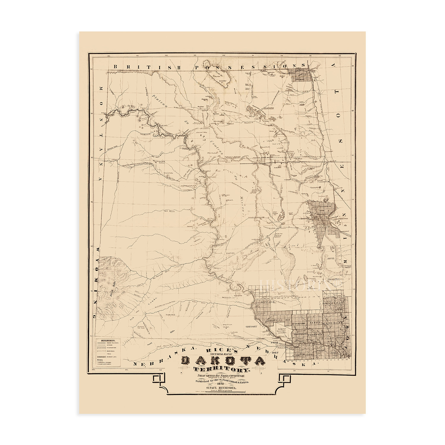 1872 Dakota Territory Map Vintage Map of South Dakota Old North Dakota ...