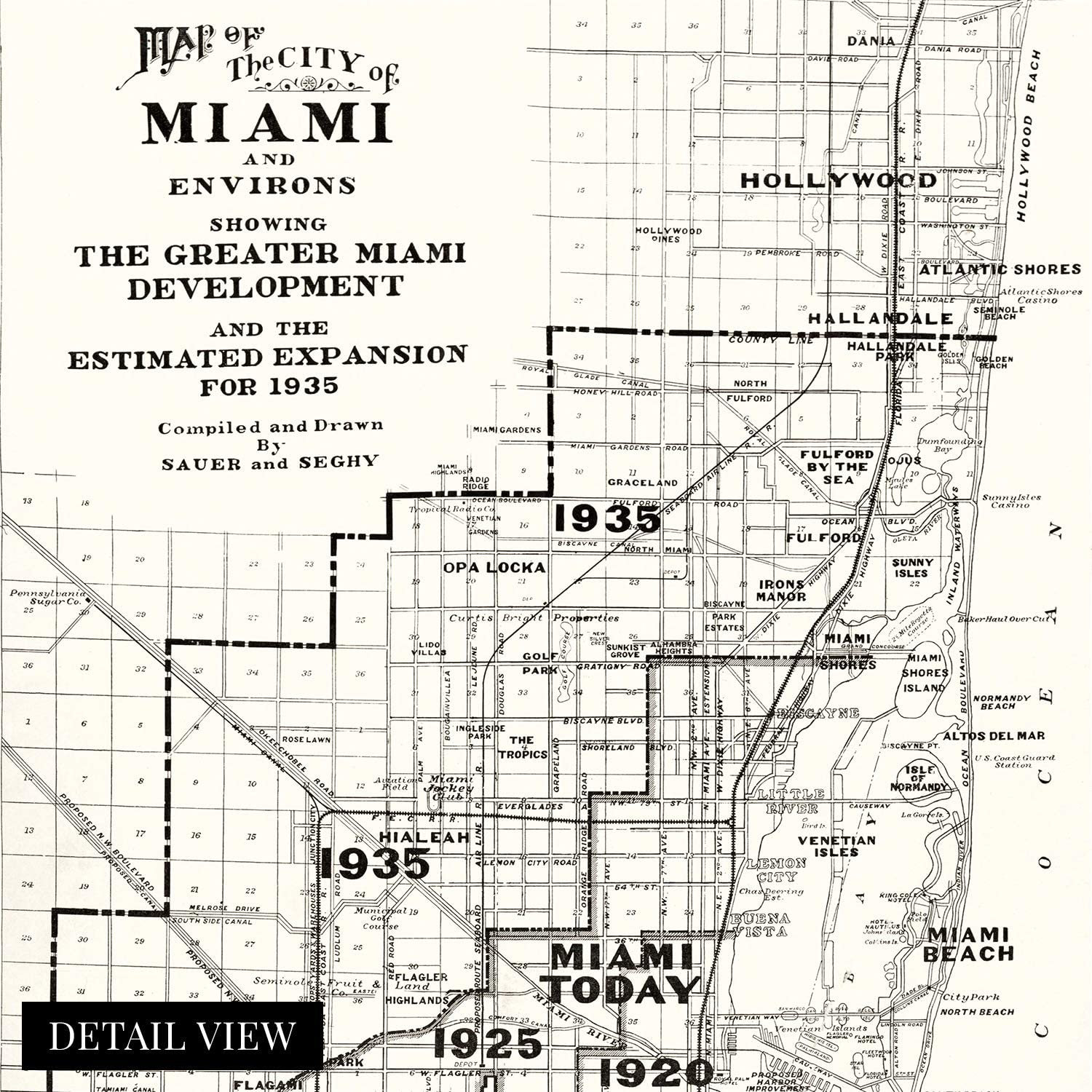 1925 Miami Map Poster - Vintage Map of Miami Florida - Map of the City ...