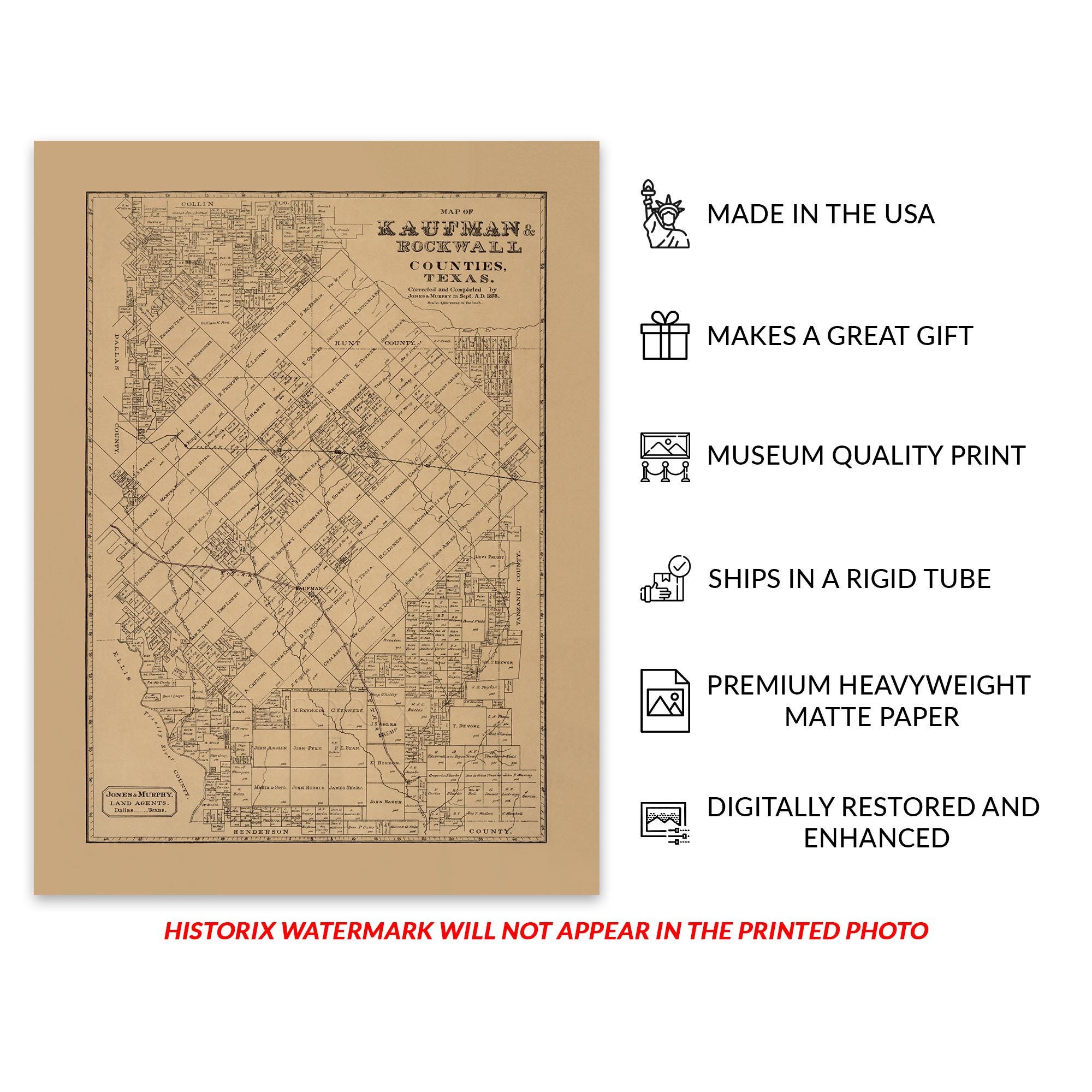 1878 Kaufman & Rockwall Texas Map Poster - Old Map of Kaufman and ...