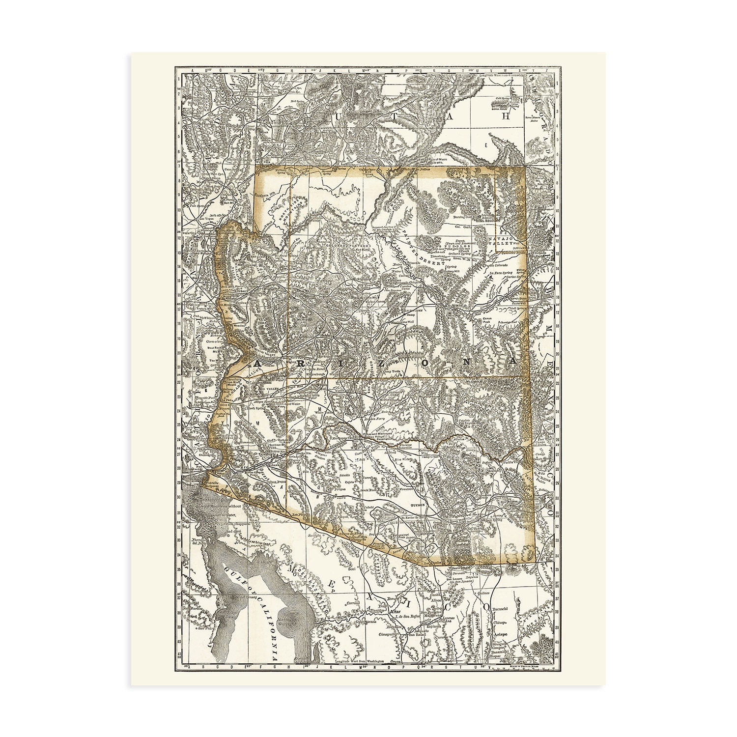 1876 Arizona Map Poster - Old Map of Arizona Wall Art - Vintage Arizona ...