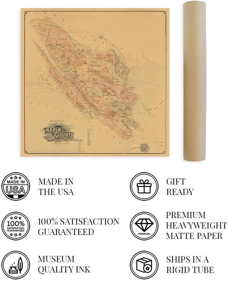 1892 Marin County Poster Map - Vintage Map of Marin County Wall Art ...