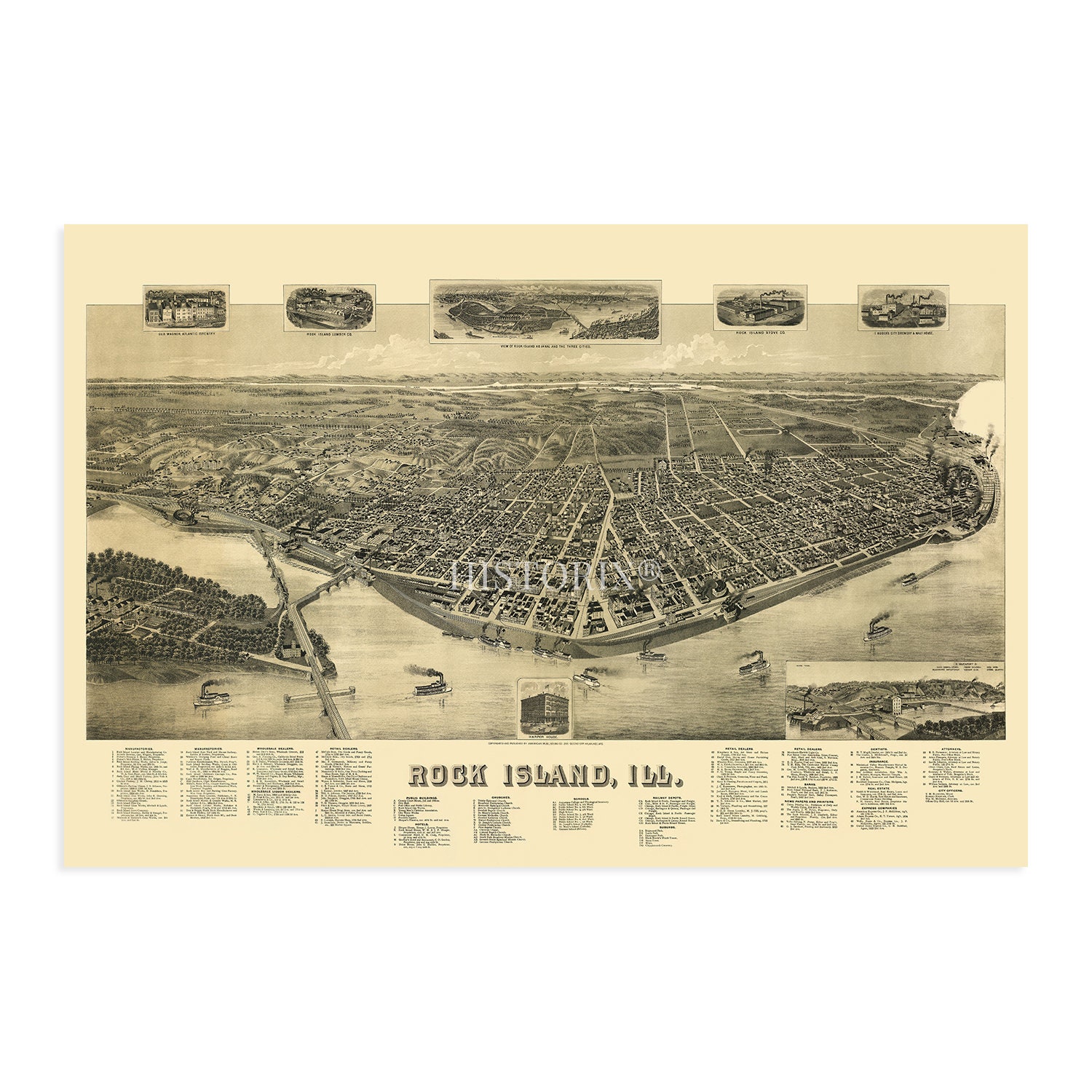 1889 Rock Island Illinois Map Poster Vintage City of Rock Island Map of ...