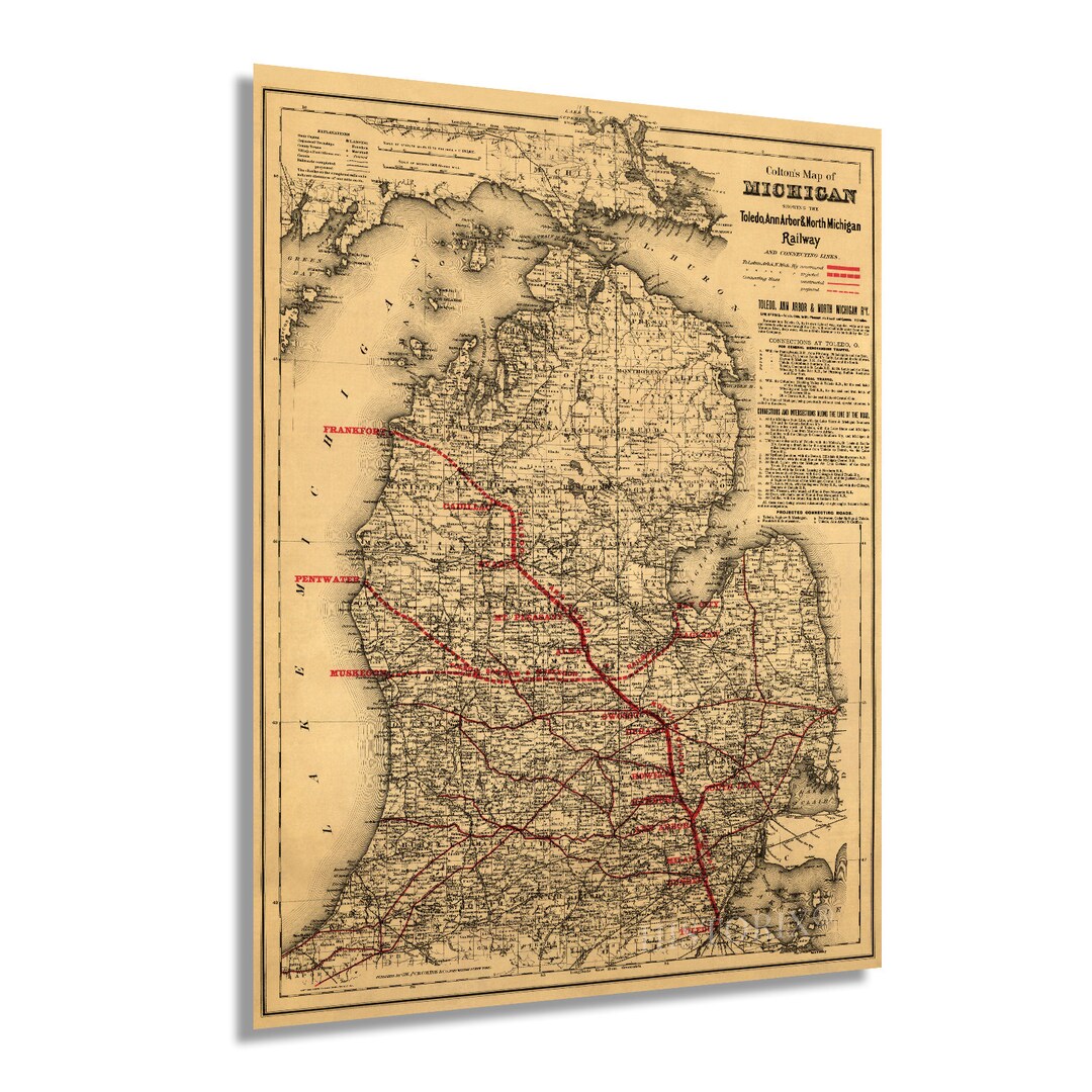 1886 State of Michigan Map - Vintage Map of Michigan Wall Art Showing ...