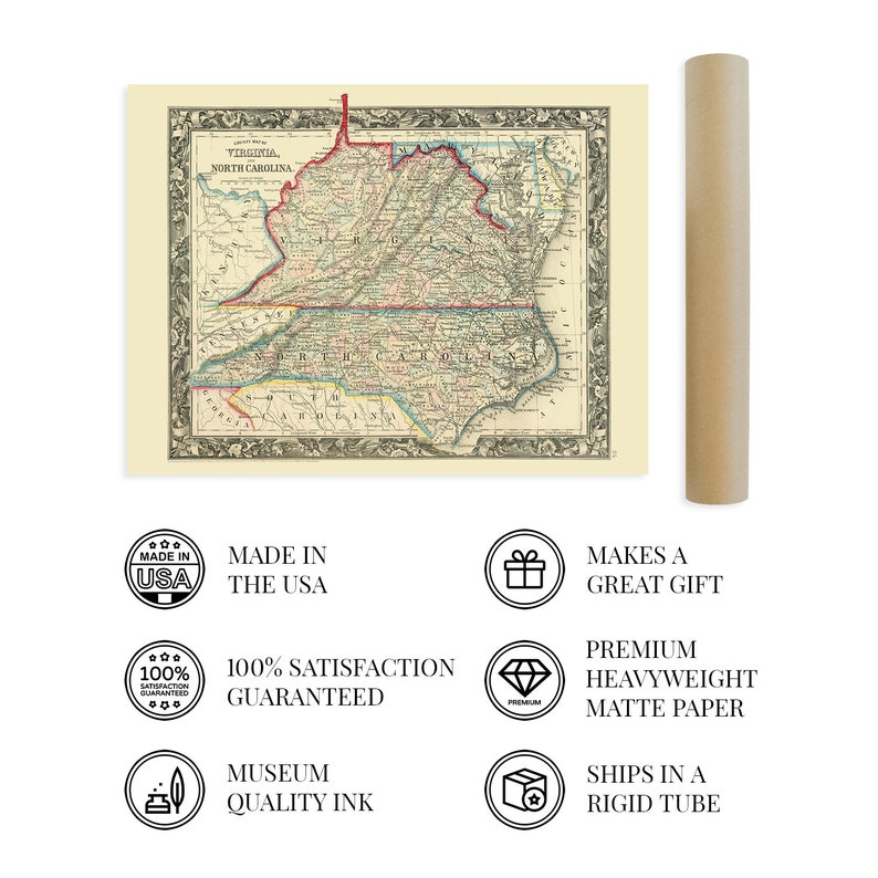 1860 County Map of Virginia and North Carolina Virginia County Map ...