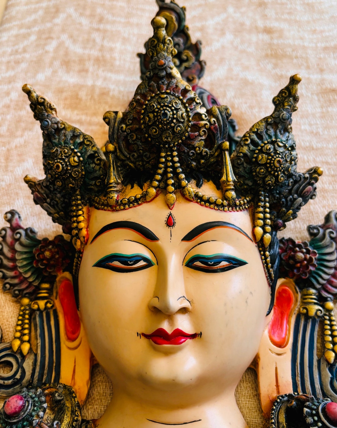 Handcrafted White Tara Mask: Cast Stone Resin Inlay/ Meditations/ Wall ...