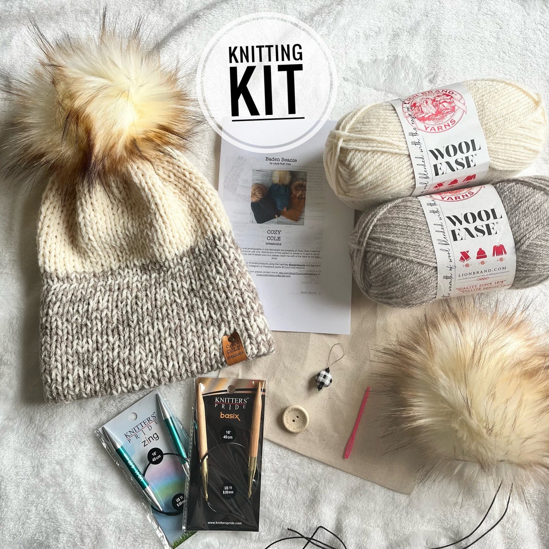 Beginner Knitting Kit, Marled BADEN BEANIE, Easy Knit Hat Kit, DIY Knit ...