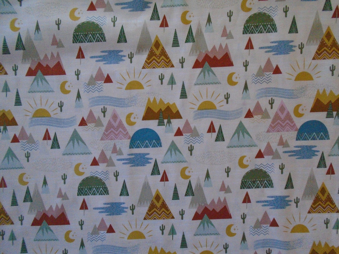 Boho Mountain Cotton Fabric, Mts, Moons, Trees, Rivers, Huts and Tepees ...
