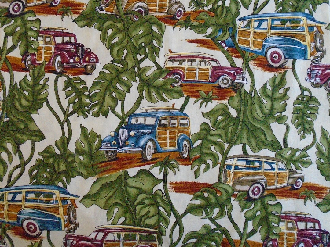 Surfing Wagon Cotton, Tropical Print by Texstyles, Retro Wood Paneled ...