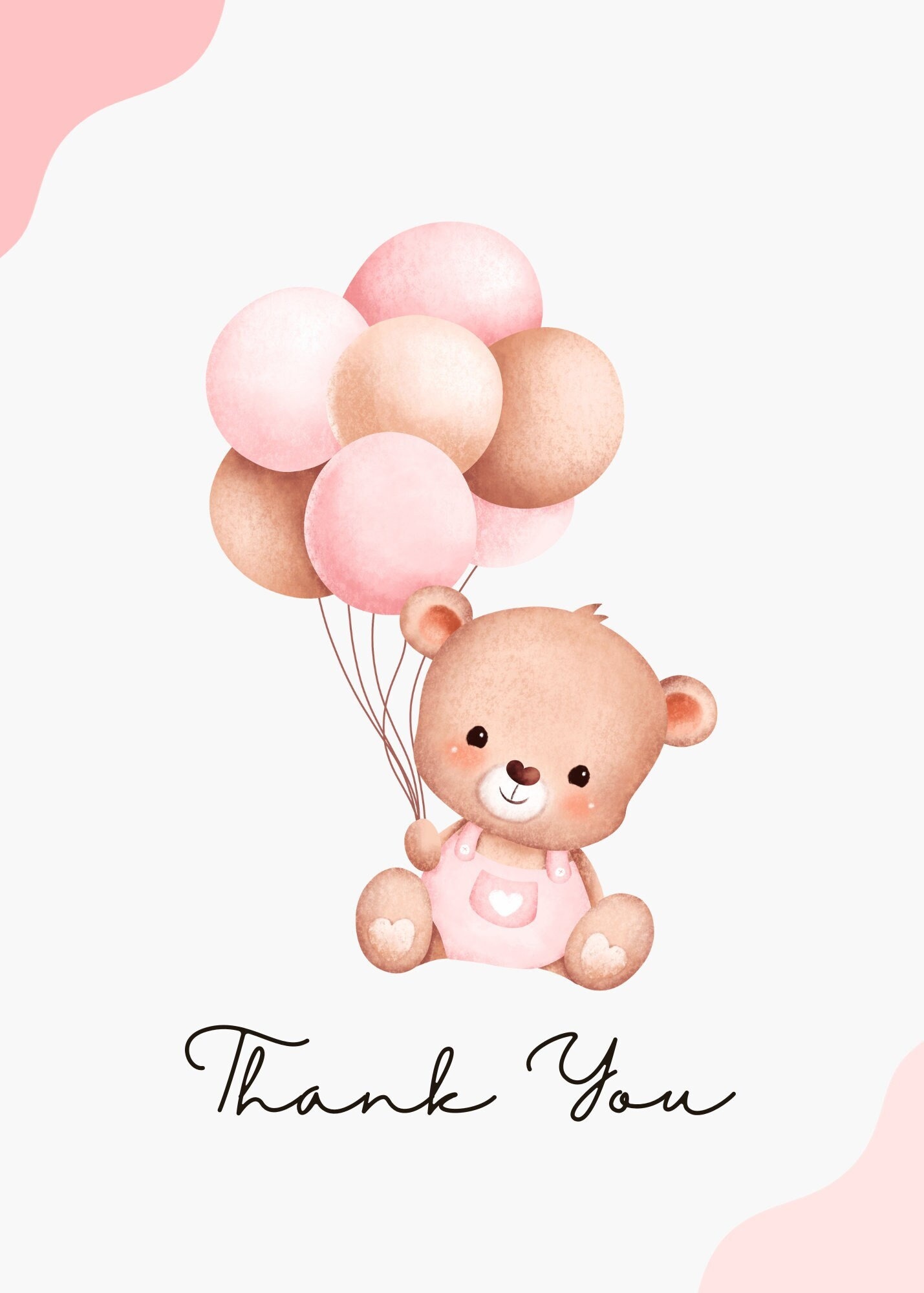 Thank You Card Pink Bear With Balloons - Etsy
