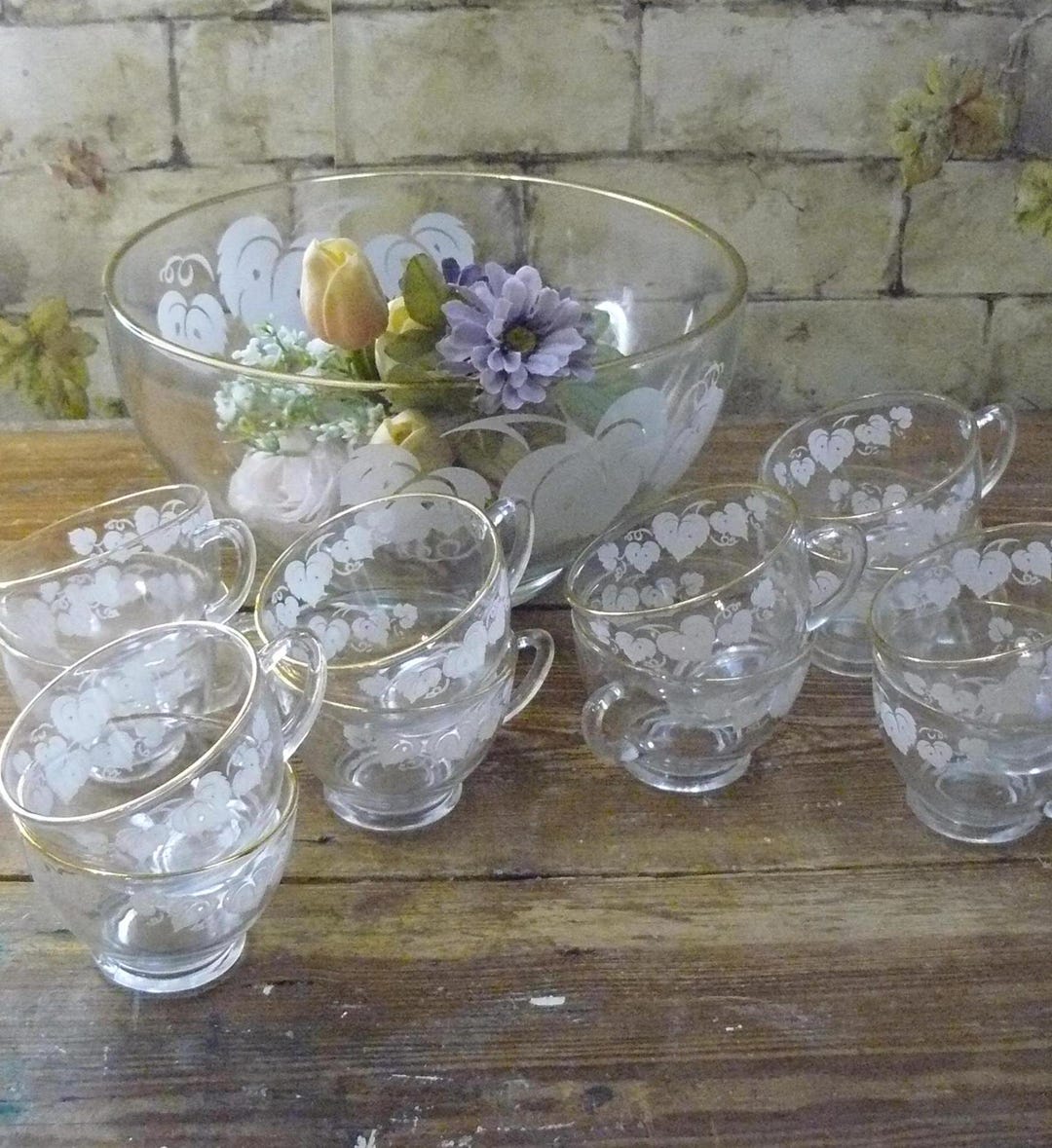 Punch Bowl Set With 12 Cups, Great Condition, Frosted Grape Leaf Design ...