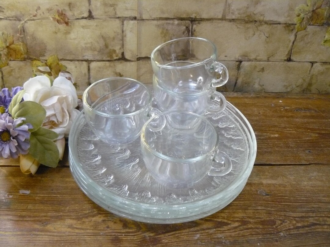 Crystal Snack Set, Sunburst Pattern From Indiana Glass, 1950s, Four 9 ...