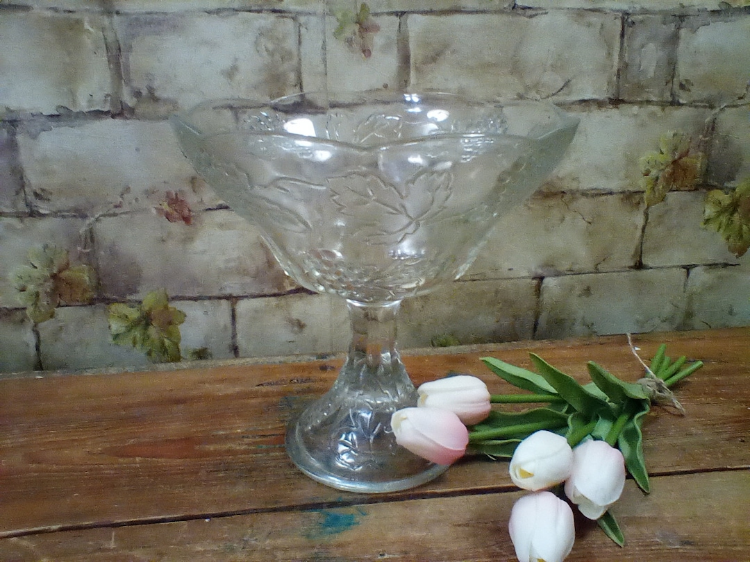 Vintage Tall Pressed Glass Compote, Grapes and Leaf Pattern Embossed on ...