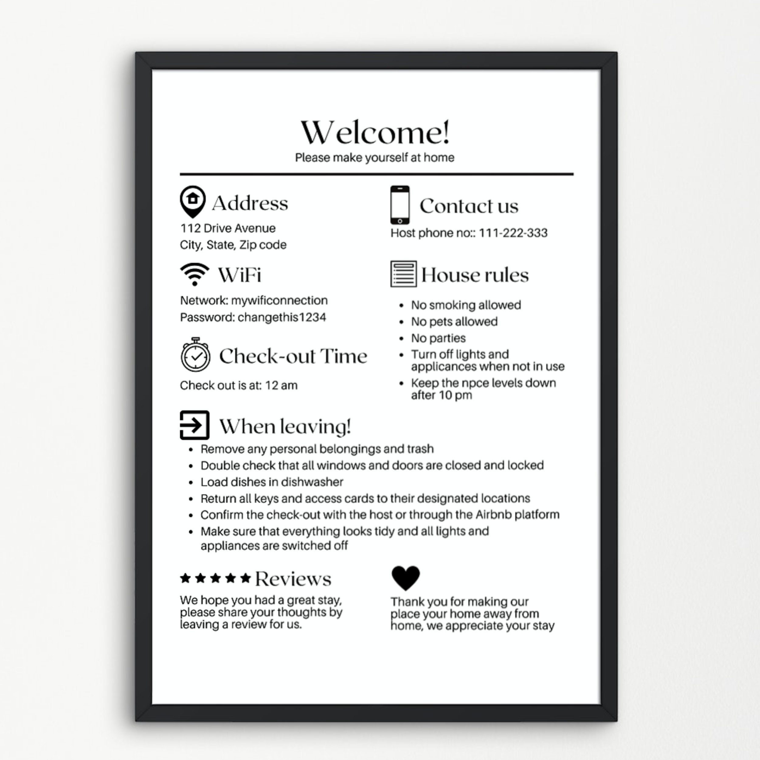 Airbnb Welcome Sign Template, Wifi Info Sheet, Edit in Canva, VRBO ...