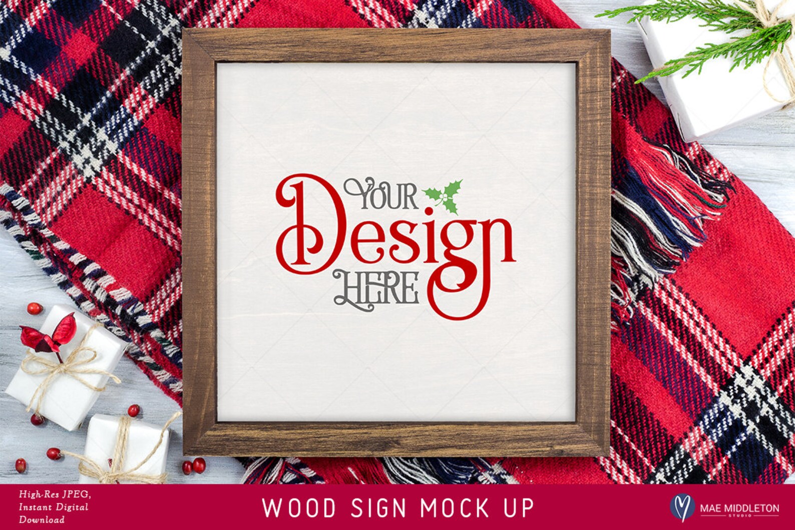 Christmas Mock up Framed Wooden Sign on Red Plaid Blanket - Styled ...