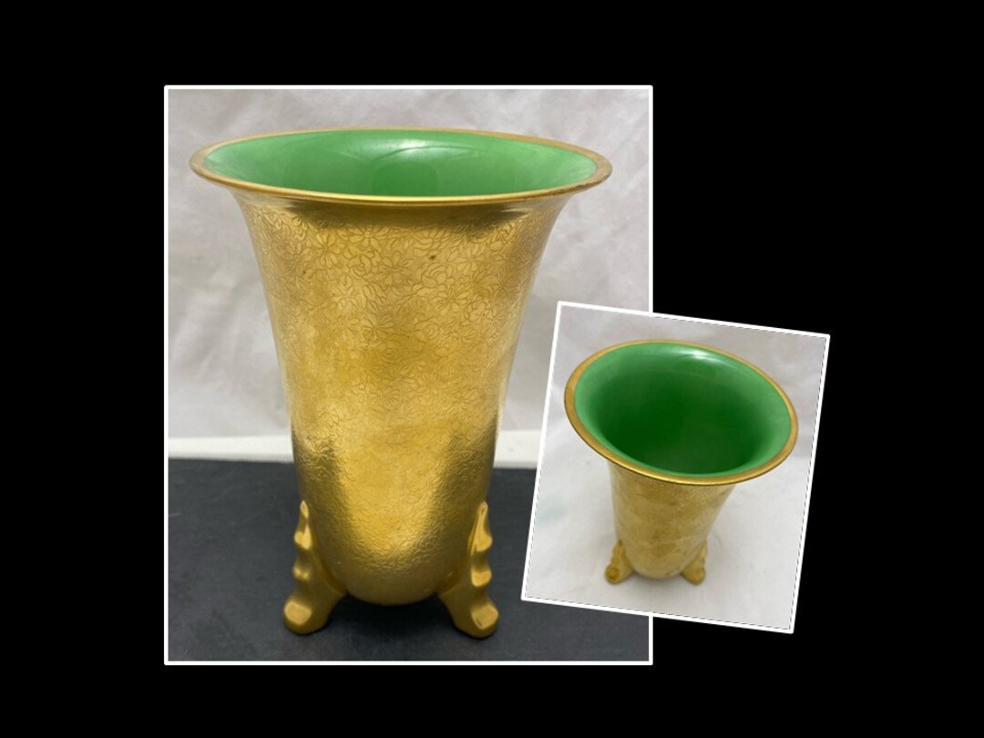 Pickard Green and Gold Vase, 7 Inches, Art Deco Three Footed Table Vase ...