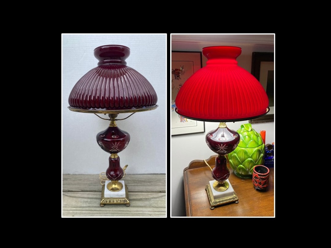 Ruby Red Cranberry Cut to Clear Table Lamp W Glass Shade, Vintage Czech ...