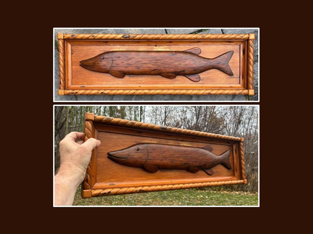 Hand Carved Wood Pike / Muskie in 27 Inch Rope Twist Plaque, Rustic ...