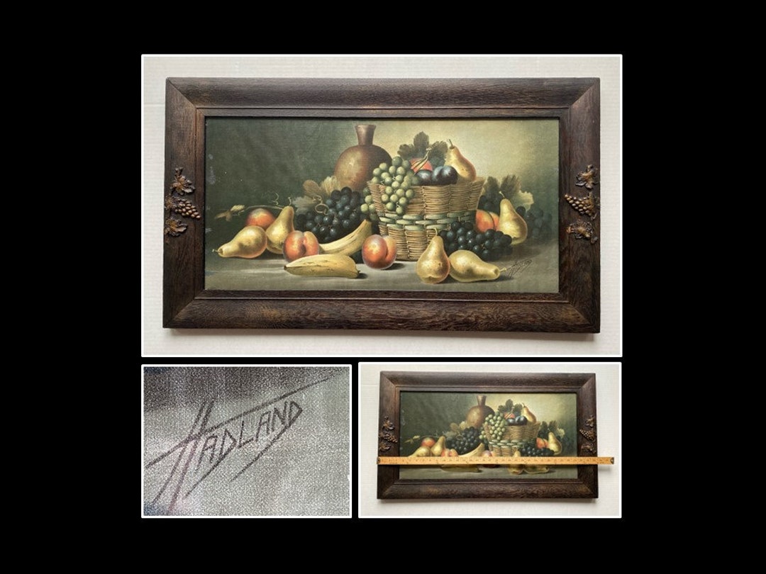 Antique Harry Hadland Lithograph: Fruit Basket & Wine, Original Wood ...