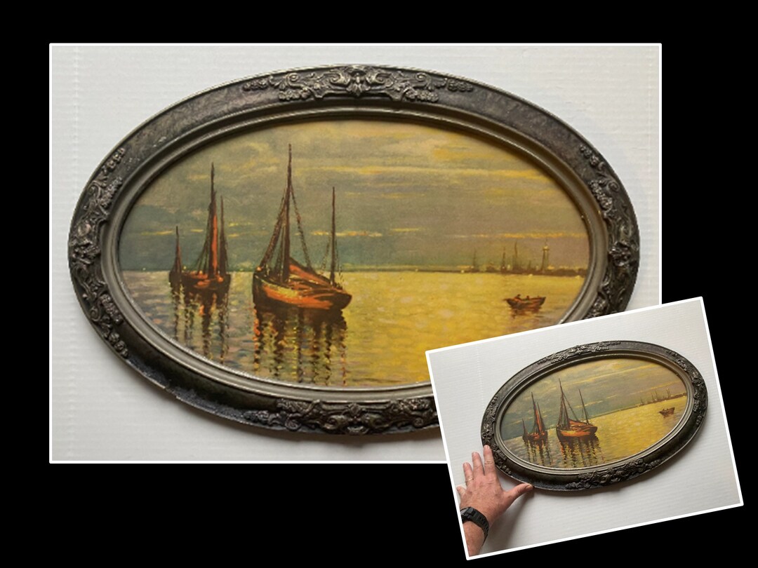 Victorian Fishing Boat Print in Oval Gesso Frame, Large Impressionist ...