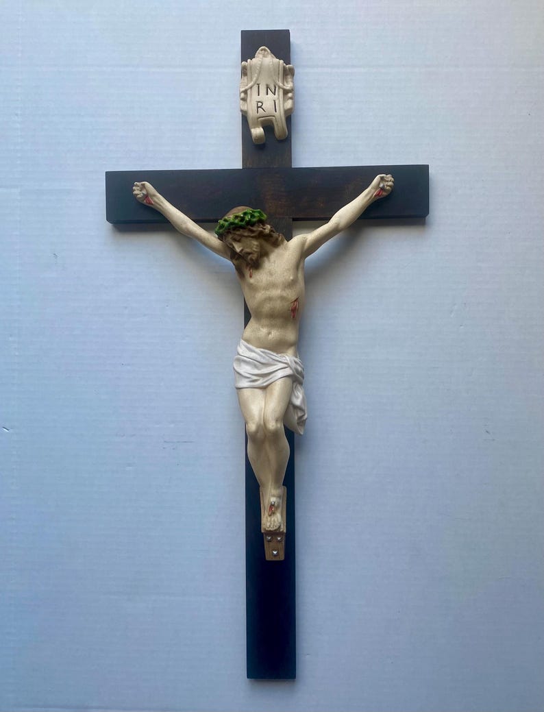 Antique Crucifix W Chalkware Jesus Figure, Wood Cross and INRI Plaque ...